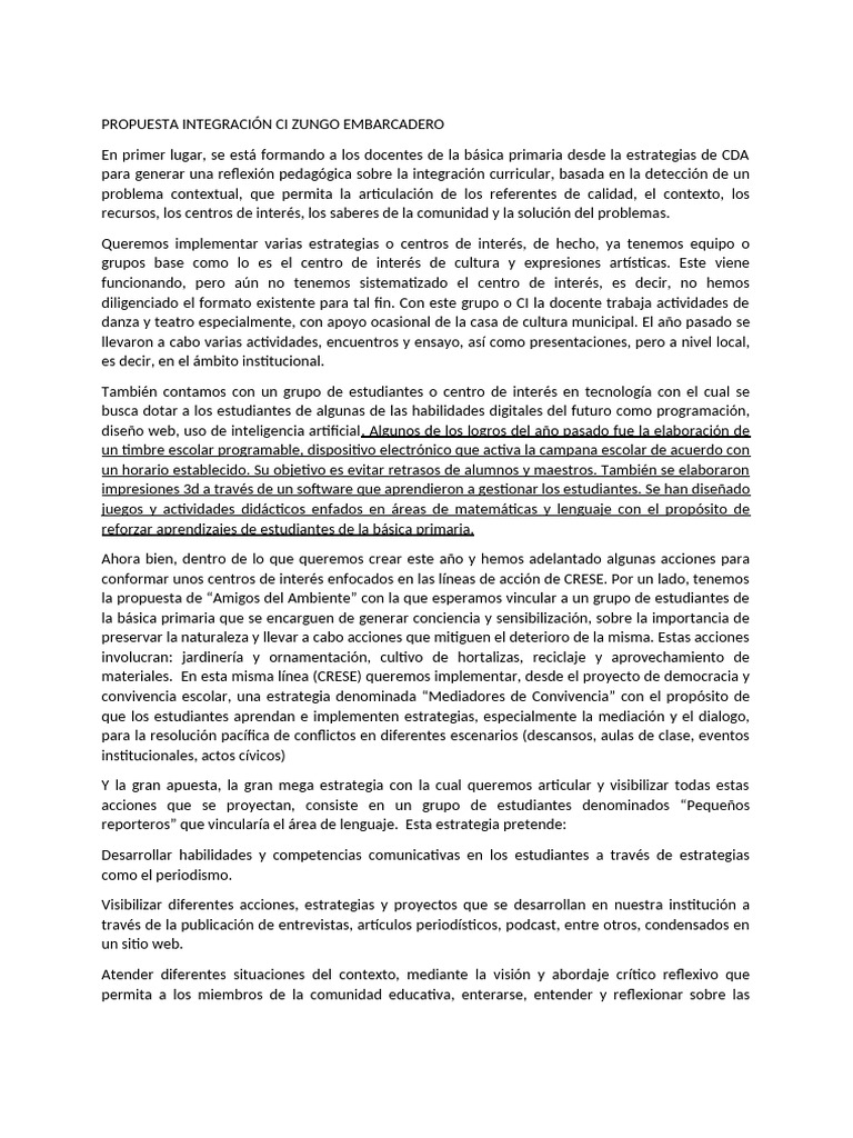 Propuesta Integración Ci Zungo Embarcadero | PDF | Enseñando | Maestros