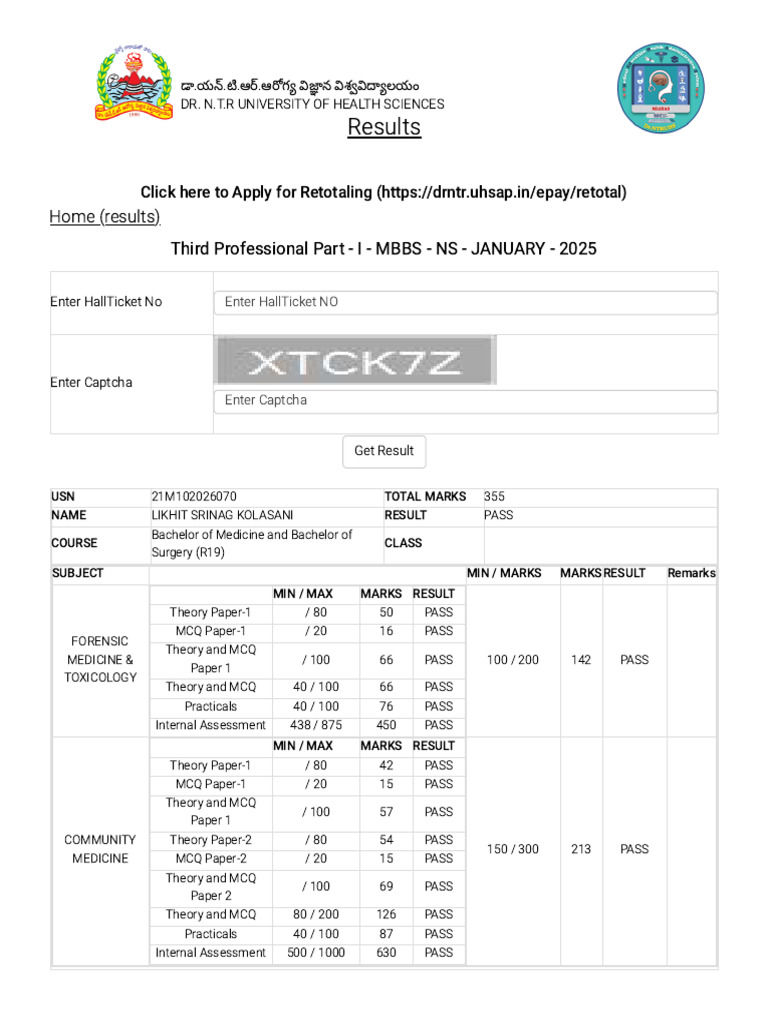 Dr. NTRUHS Results Likhith 3rd Year | PDF | Medicine | Health Care