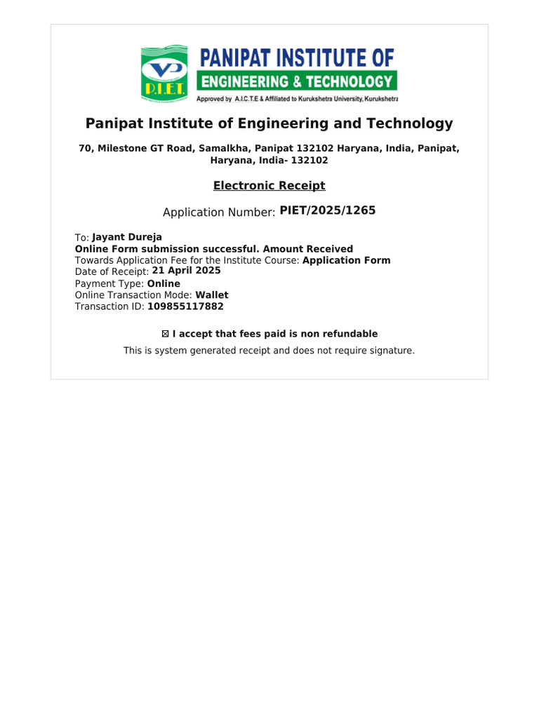 College Admission Payment Receipt 2025 | PDF