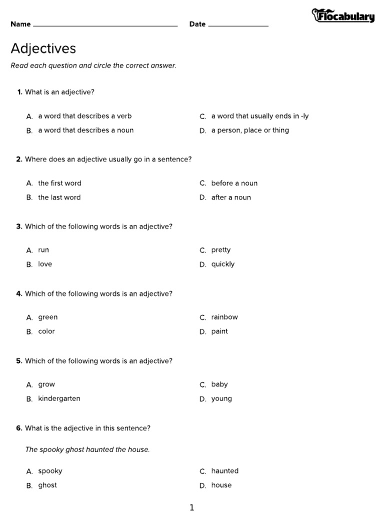 Adjectives v1 Quiz | PDF