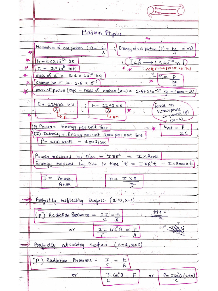 MODERN Physics (JEE Mains) Short Notes | PDF