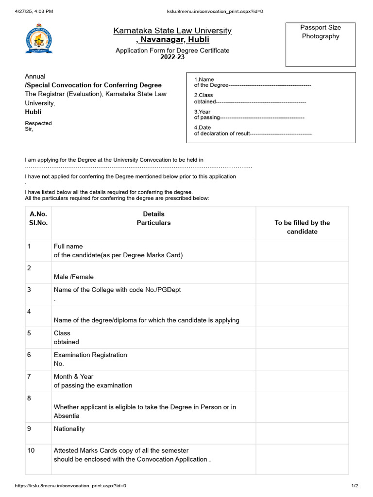 Convocation Application Form | PDF