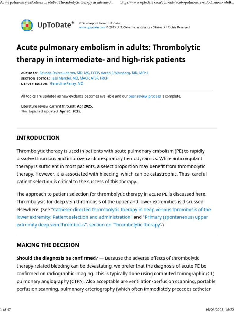 Acute pulmonary embolism in adults_ Thrombolytic therapy in ...