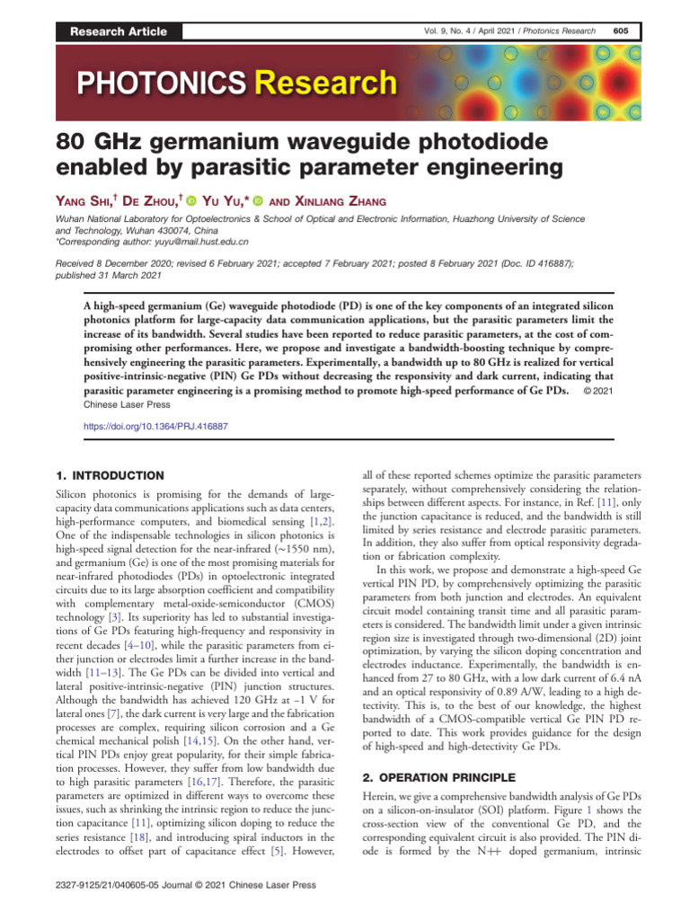 80 GHZ Germanium Waveguide Photodiode Enabled by Parasitic Parameter ...