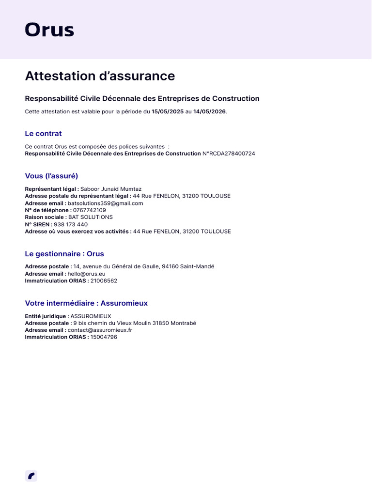 Attestation RC Décennale Orus 2025-2026 | PDF | Assurance | Peinture