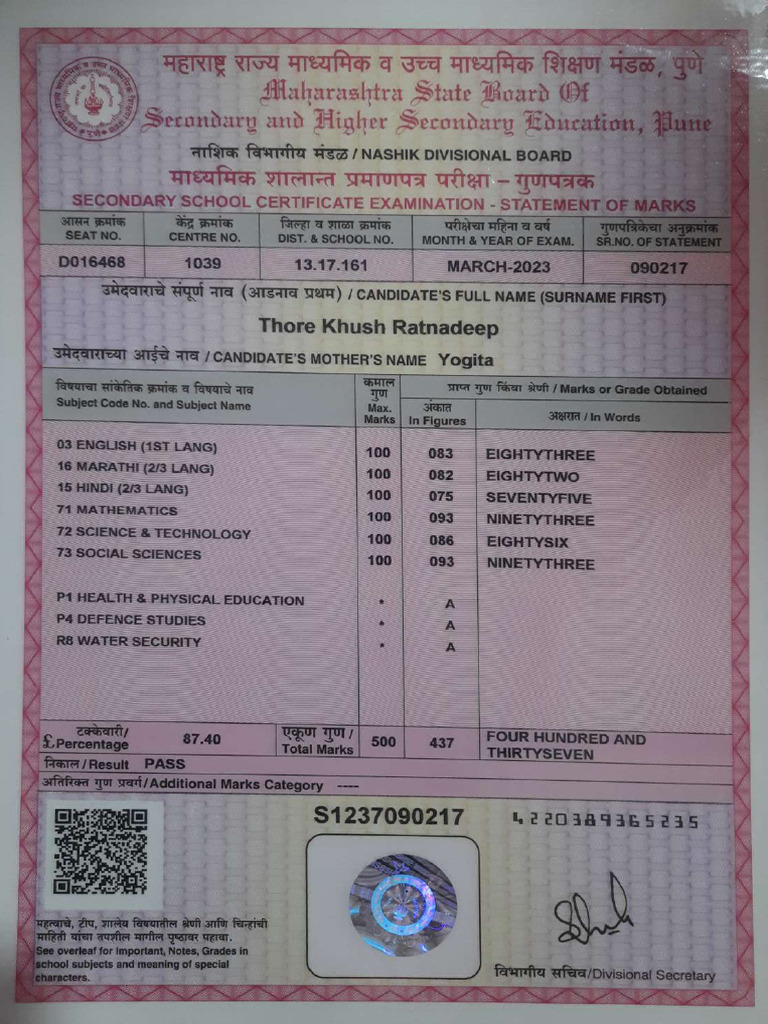 Krishna 10th Marksheet - Compressed | PDF | Career And Technical Education | Qualifications