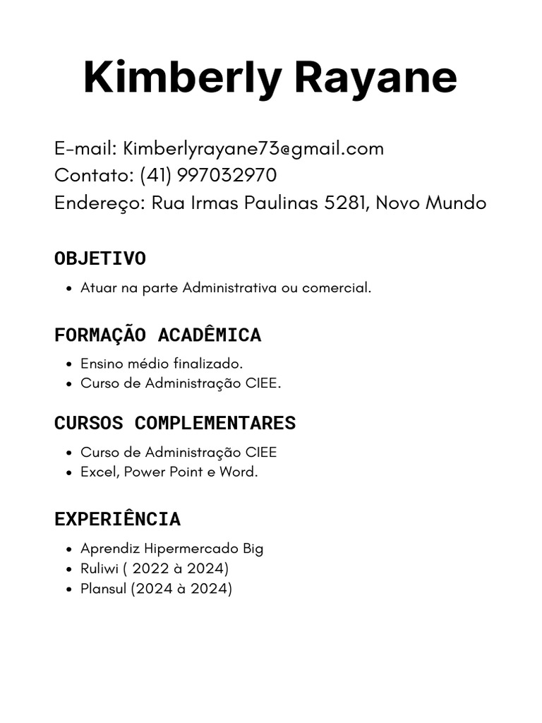 Currículo Kimberly Rayane - Aux administrativo .pdf | PDF