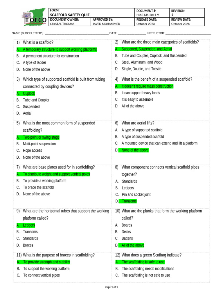 Scaffold Safety Quiz and Answers | PDF | Scaffolding | Manufactured Goods
