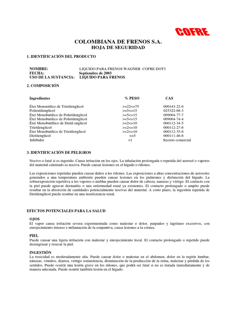 Ficha Técnica Líquido Frenos DOT3 | PDF