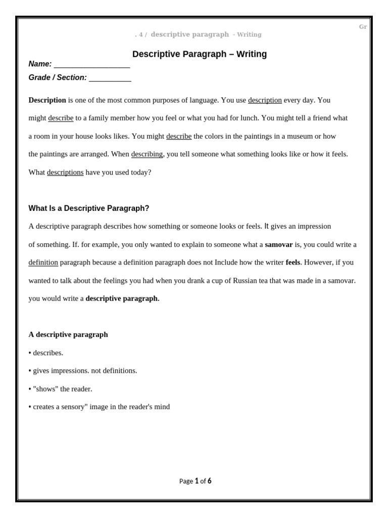 Writting - Descriptive Paragraph | PDF | Senses