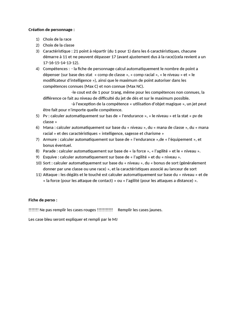 Création de Personnage | PDF