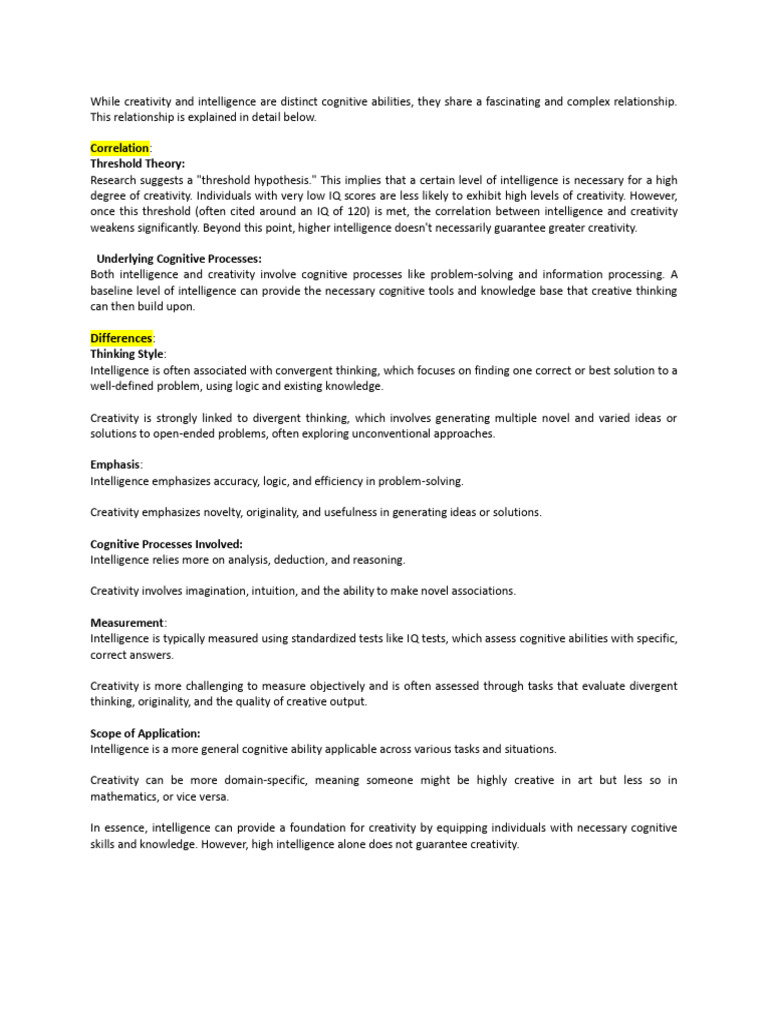 Intelligence and Creativity Thresholds | PDF