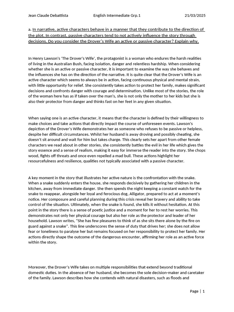 The Drover's Wife Active Character Essay | PDF | Courage ...