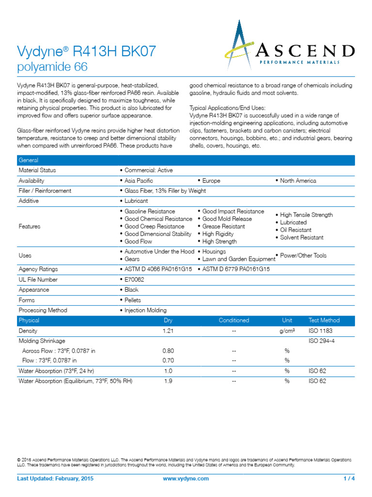 PA66 - GF15 - VydyneR413HBK07TDS | PDF | Strength Of Materials | Mechanical Engineering