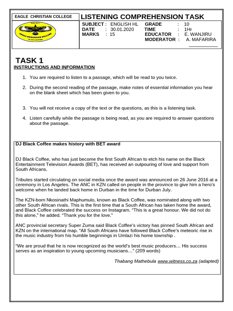 Listening Oral Task 1 Grade 10 2020 | PDF