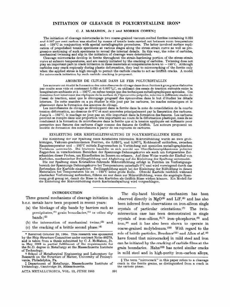 1965 - Initiation of Cleavage in Polycrystalline Iron - CJ McMahon, M ...