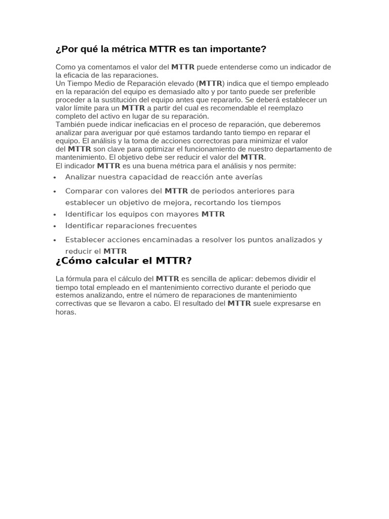 Importancia y Cálculo del MTTR | PDF