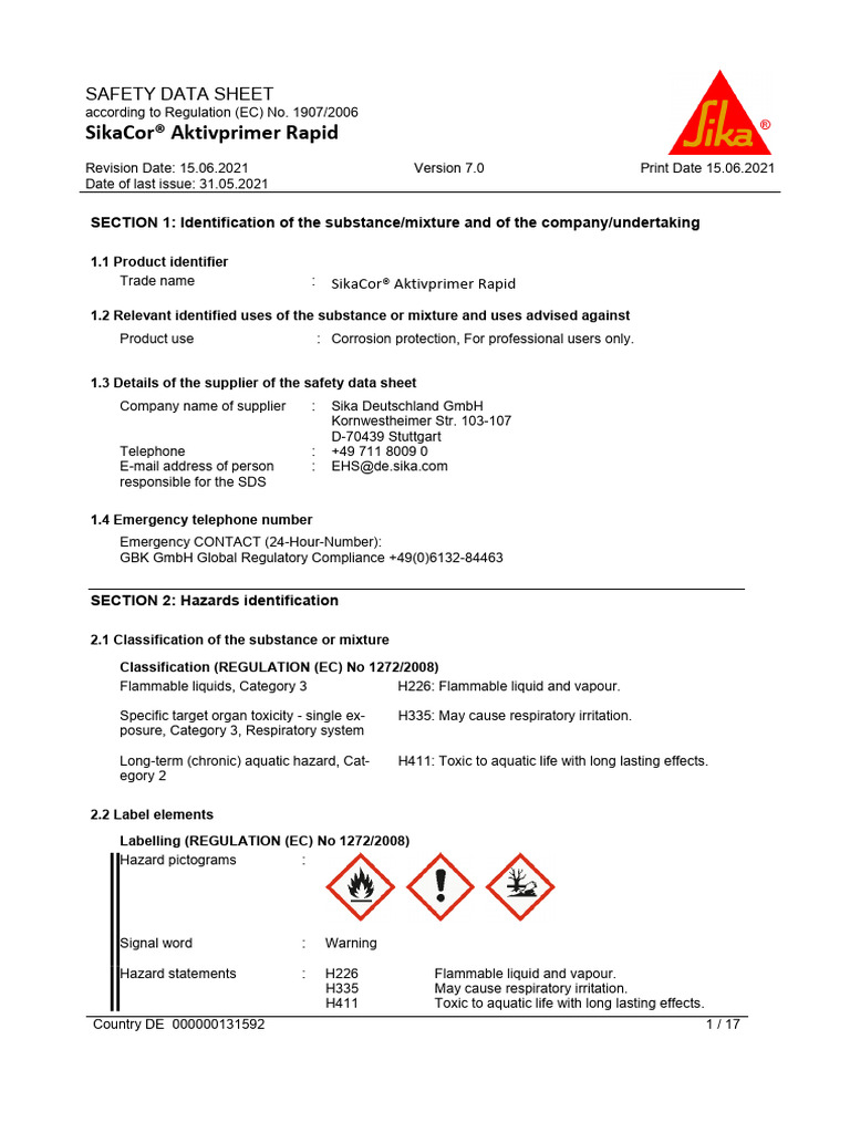 SikaCor Aktivprimer Rapid Safety Data | PDF | Toxicity | Chemistry