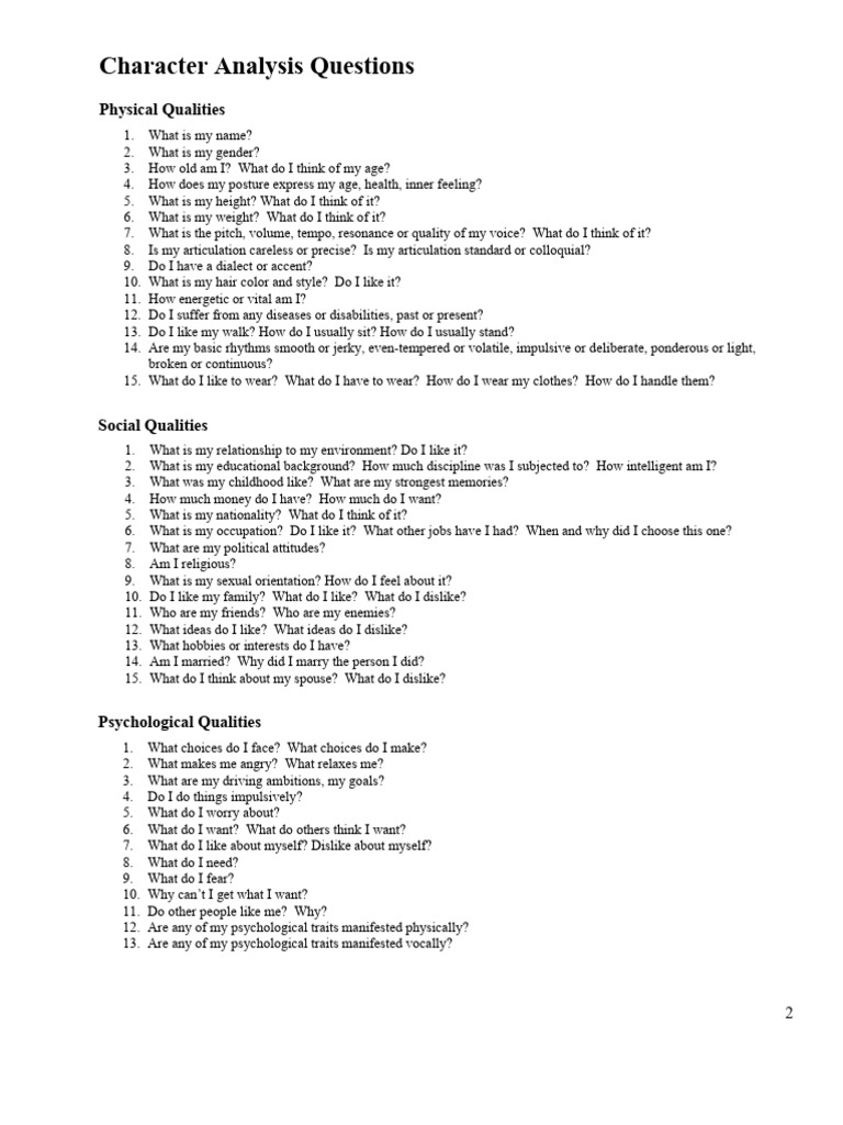 Character Analysis Questions | PDF | Social Psychology | Psychological ...