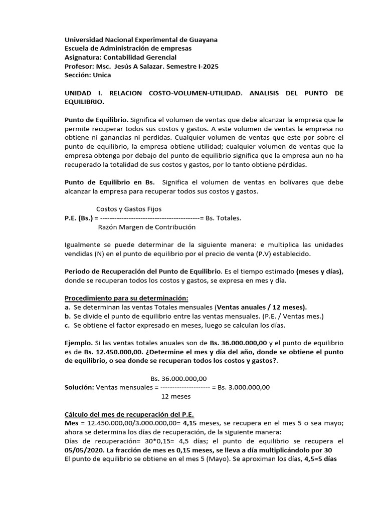 Punto de equilibrio 2025-I. Teoria 01 (1) | PDF | Costo | Presupuesto
