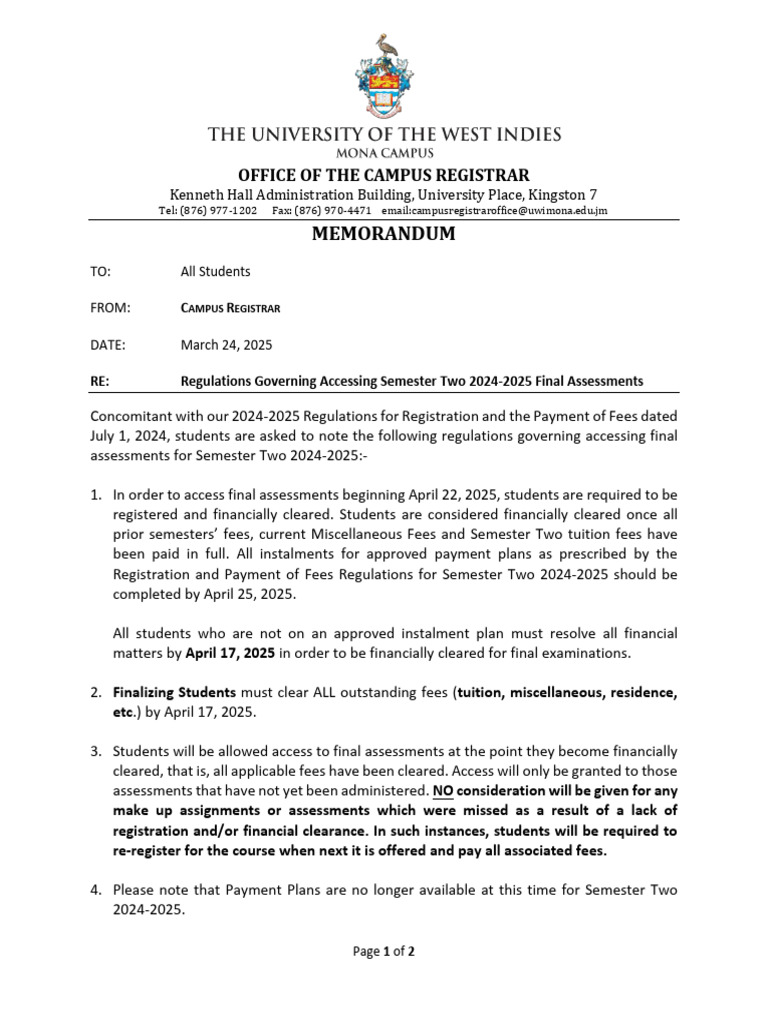 UWI Mona Exam Regulations 2025 | PDF