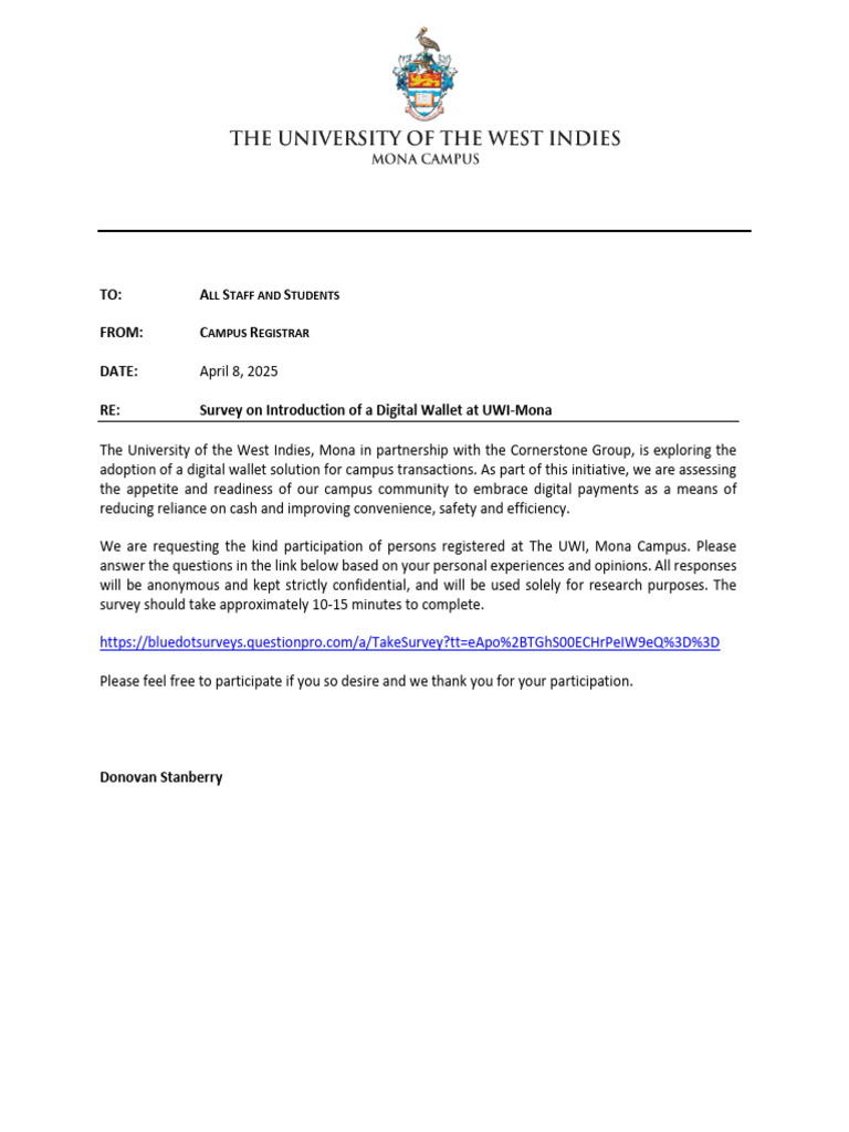 Survey Memo To All Staff and Students - Survey On Introduction of A ...