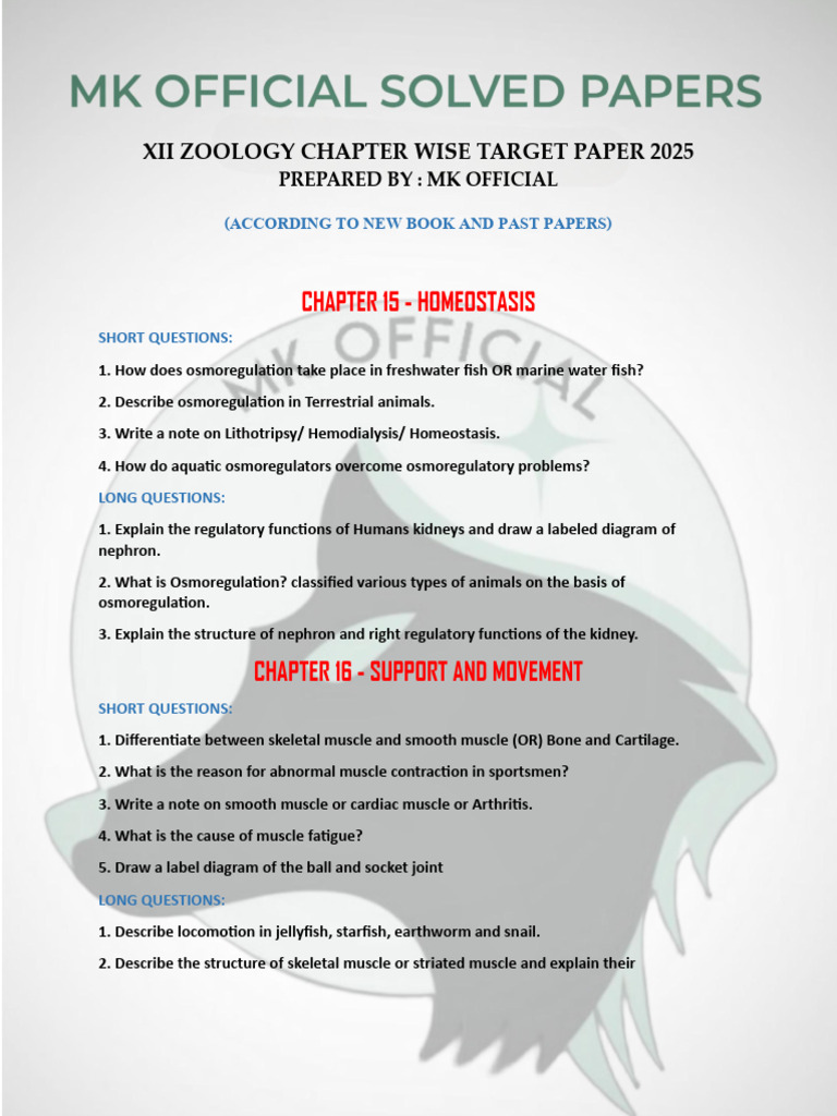 Xii Zoology Chapter Wise Target Paper 2025 by MK Official | PDF ...