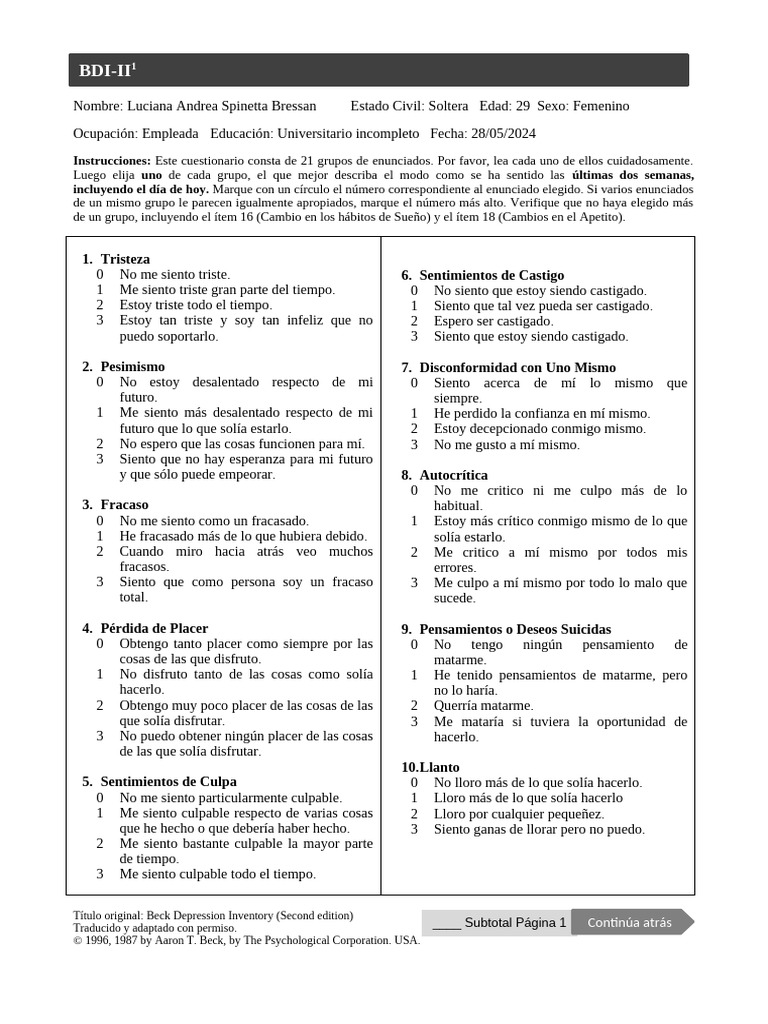 PACIENTE - BDI-II Inventario de Depresion de Beck | PDF
