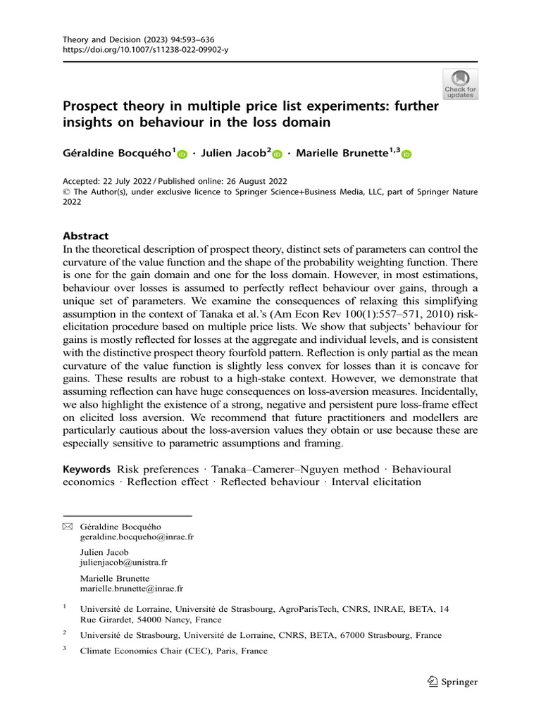 Prospect Theory in Multiple Price List Experiments: Further Insights On Behaviour in The Loss ...