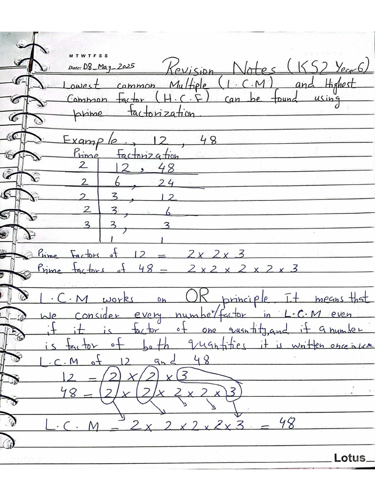 Handwritten Revision Notes (LCM, HCF, FRACTIONS, RULES FOR +&×, ALGEBRA ...