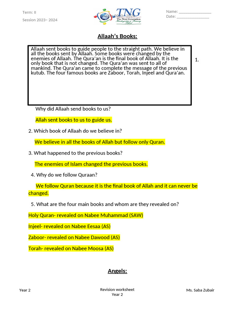 Yr2 Revision Worksheet Aqaaid-Answer Key | PDF | Quran | Islam