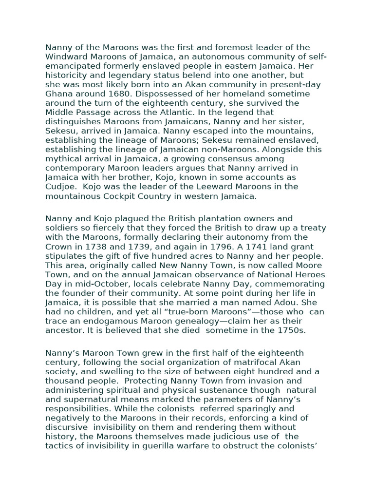 Nanny of The Maroons Was The First and Foremost Leader of The Windward ...