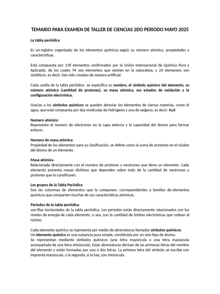 Temario para Examen de Taller de Ciencias 2do Periodo Mayo 2025 | PDF | Elementos químicos | Química