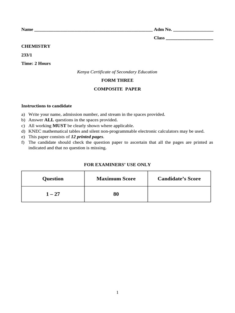 Form 3 Chemistry - Question Paper | PDF | Rust | Acid