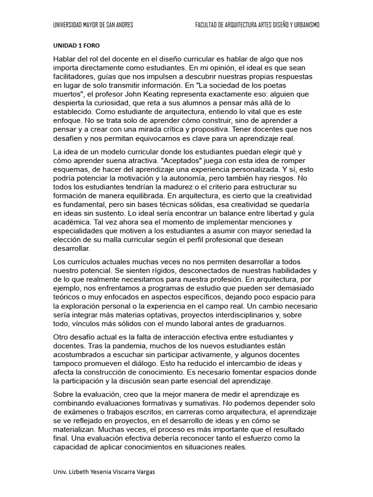 Unidad 1 Foro Viscarra Vargas Lizbeth Yesenia | PDF | Aprendizaje | Enseñando