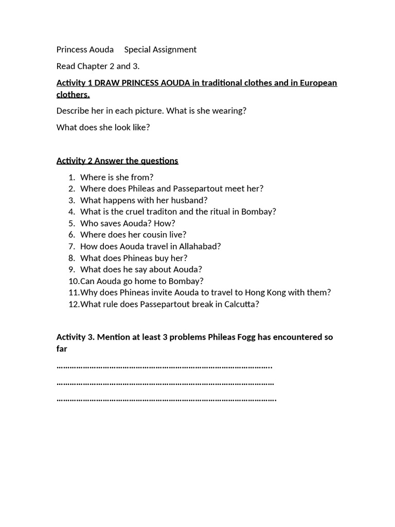 Around The World in 80 Days. Princess Aouda Special Assignment | PDF