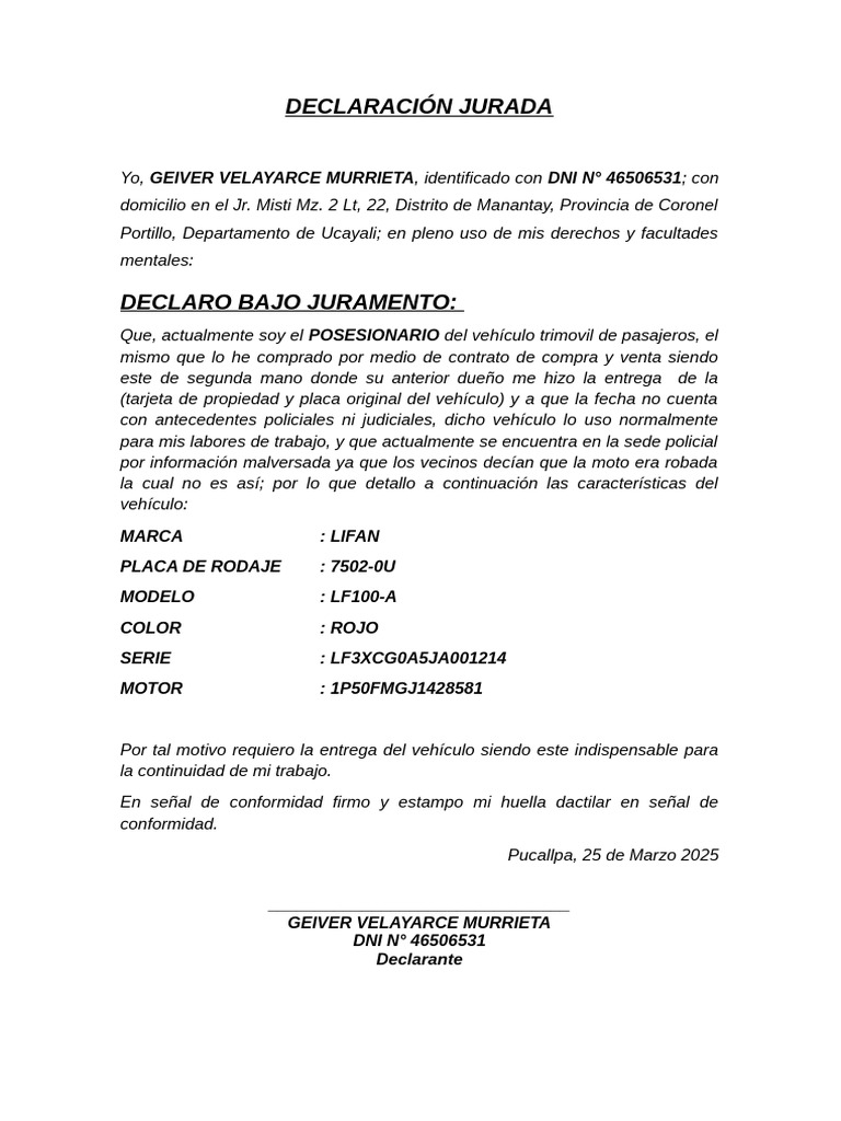 DECLARACIÓN JURADA Propietario de Vehiculo | PDF