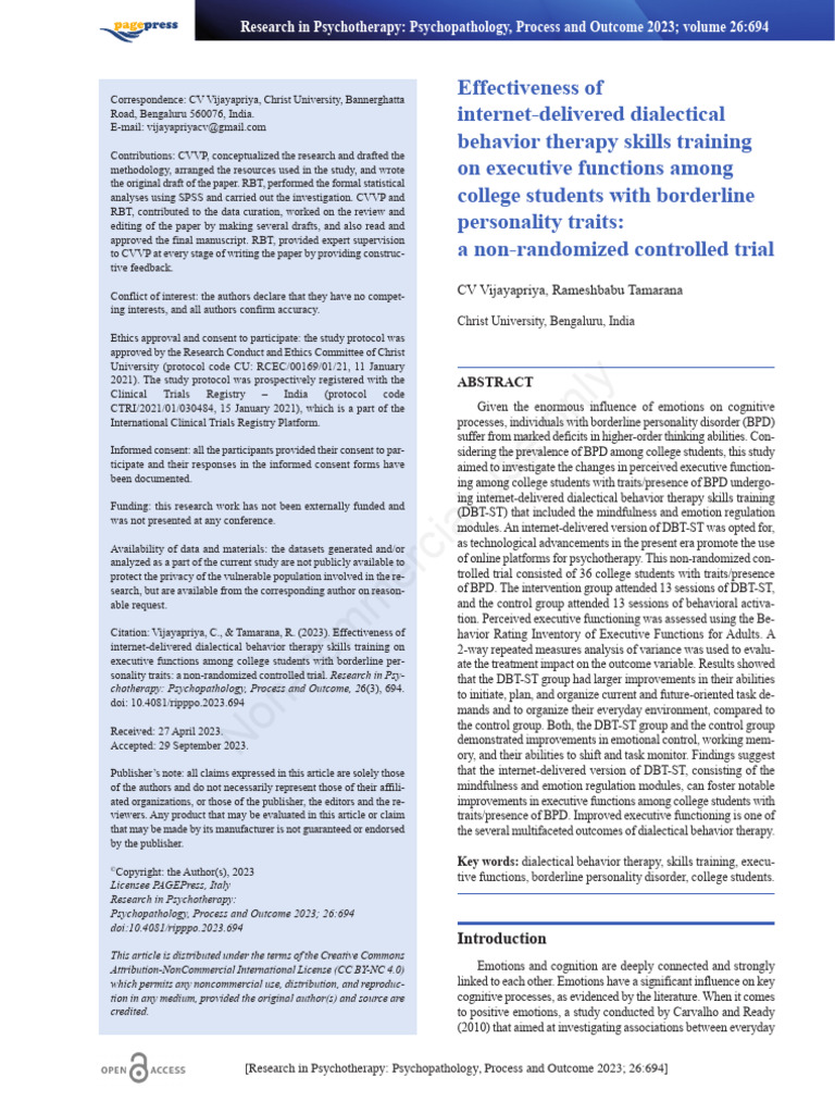 Effectiveness of DBT On Ex Functions | PDF | Dialectical Behavior Therapy | Borderline ...