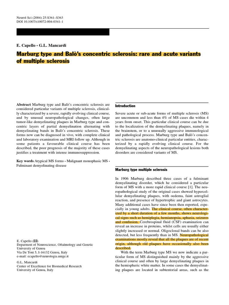 Capello 2004 Marburg Type and Balò's Concentric Sclerosis | PDF ...