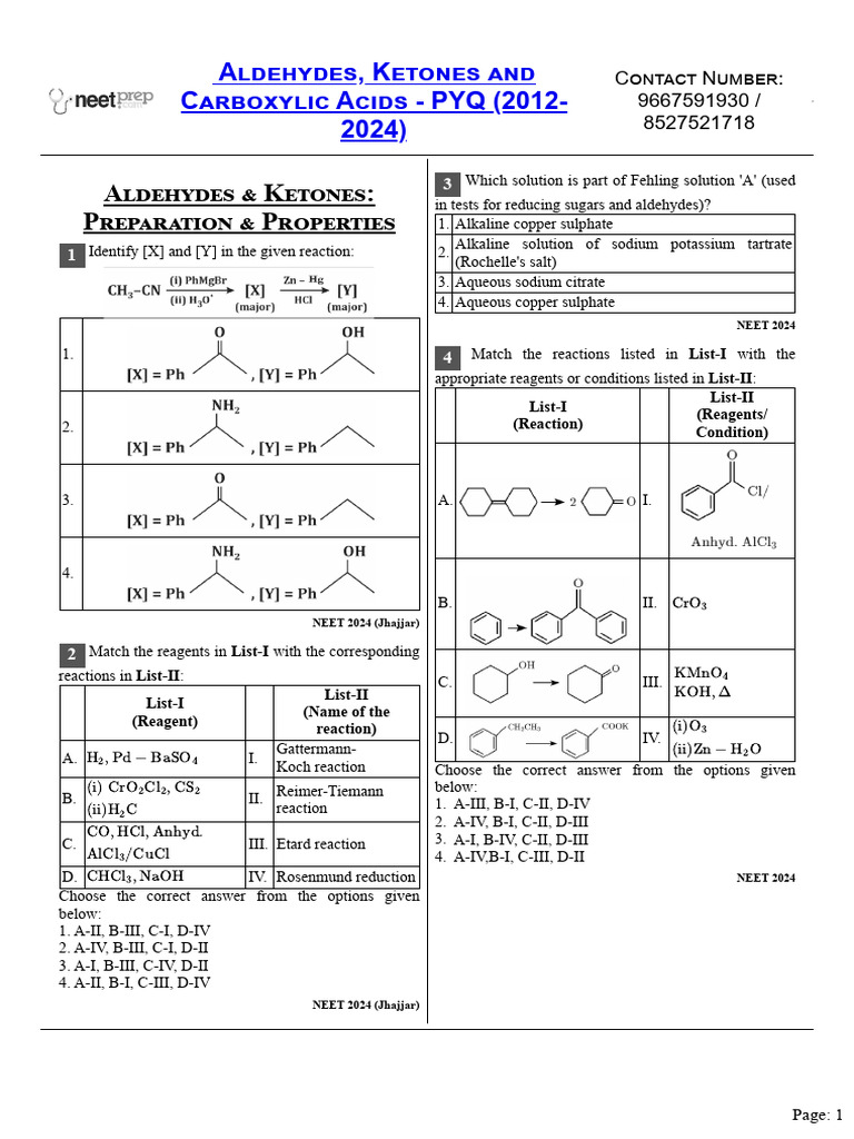 Aldehydes, Ketones and Carboxylic Acids - PYQ (2012-2024) | PDF | Aldehyde | Ketone