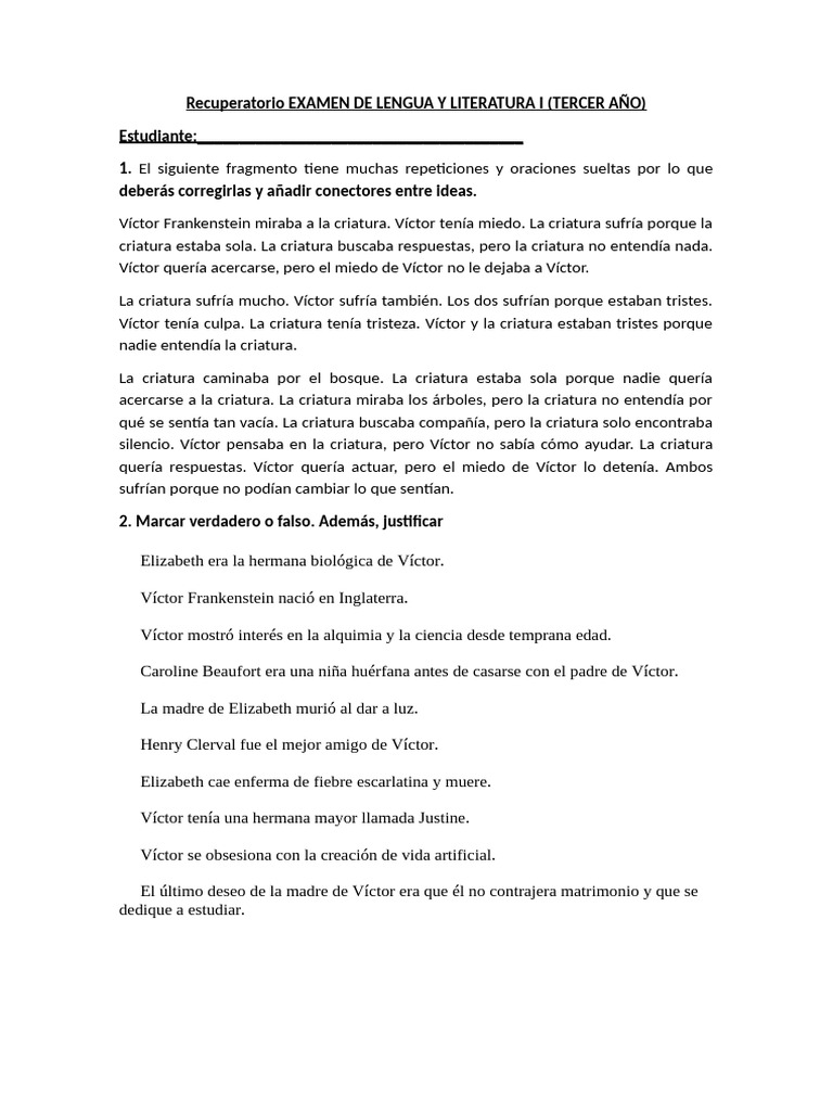 Examen de Lengua y Literatura I - 3ro | PDF