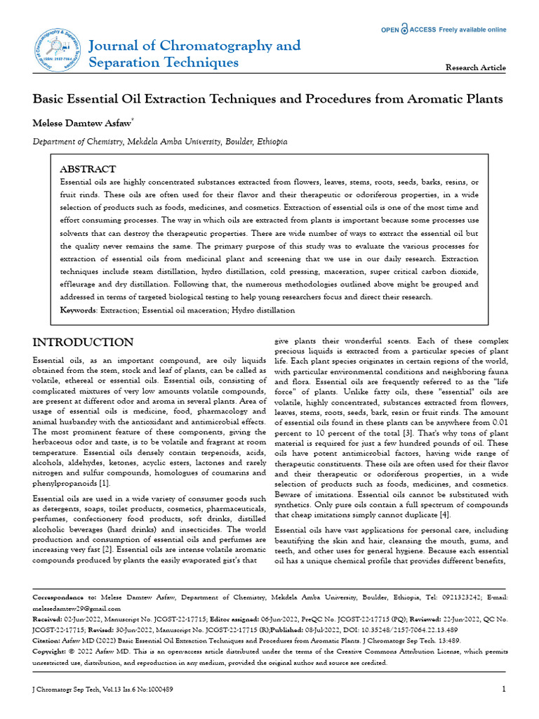 Essential Oil Extraction Techniques | PDF | Essential Oil | Carbon Dioxide