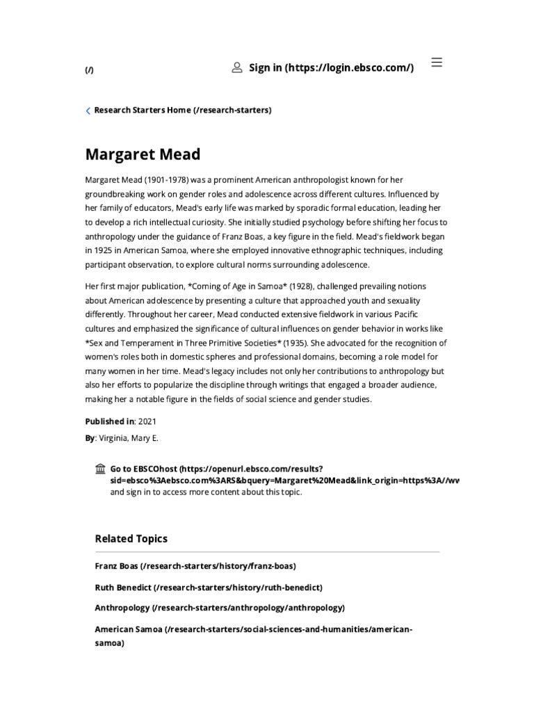 Margaret Mead - EBSCO Research Starters | PDF | Franz Boas | Anthropology