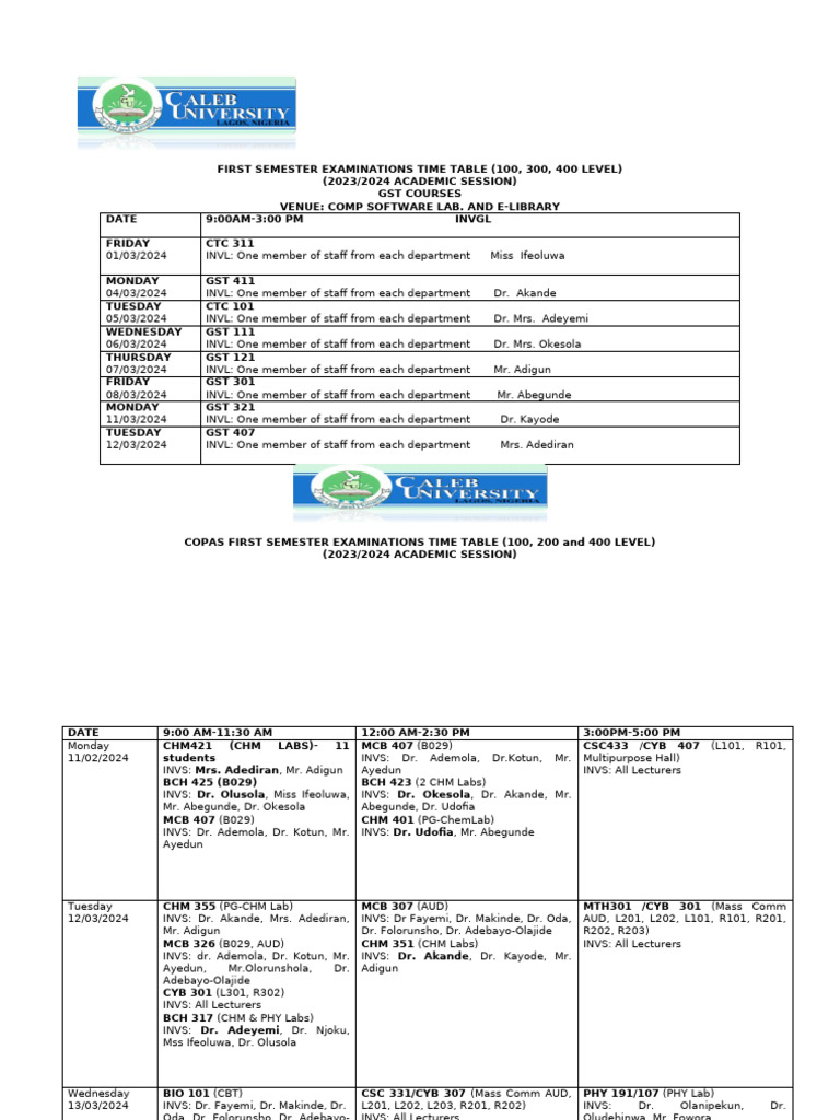 Copas Final 1st Sem 100, 300 & 400 Level Exam Time Table 2324-1 | PDF ...