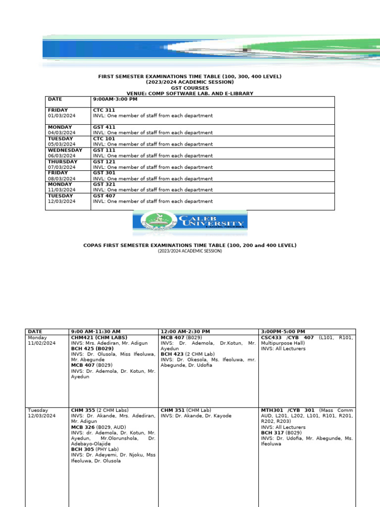 Copas Final First Semester 100, 300 & 400 Level Examinations Time Table ...