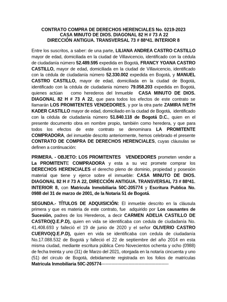 Contrato Compra Derechos Herenciales. Minuto de Dios 2025 ++ | PDF | Pago inicial | Lavado de dinero