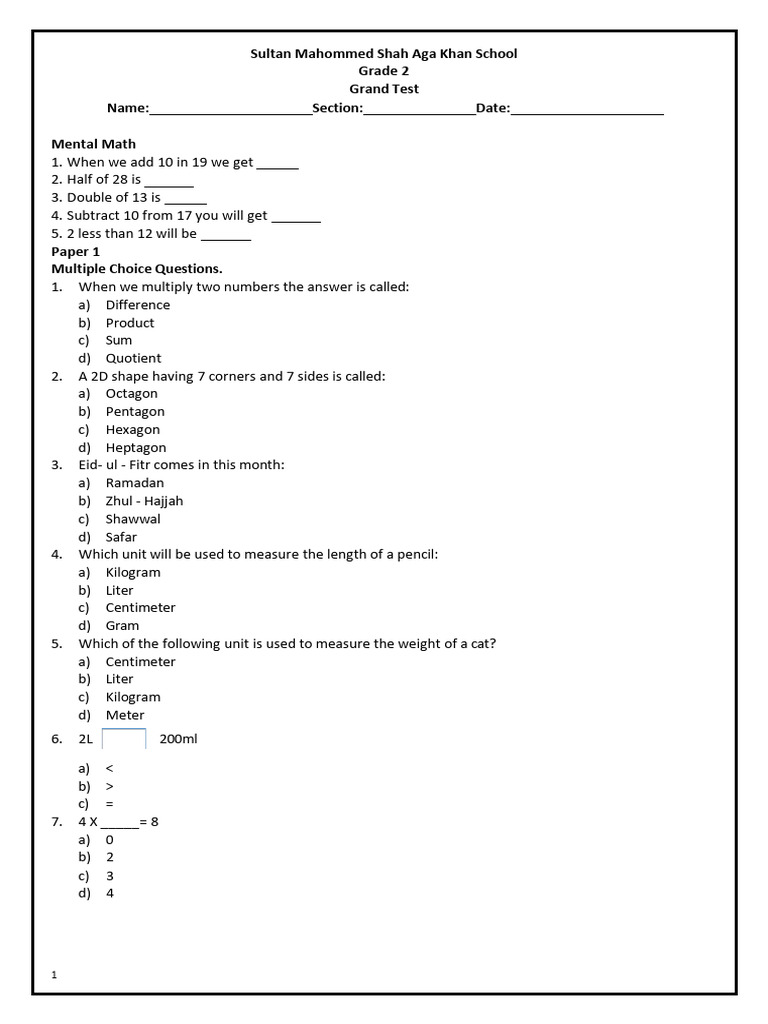 Grade 2 Grand Test: Math & Science | PDF