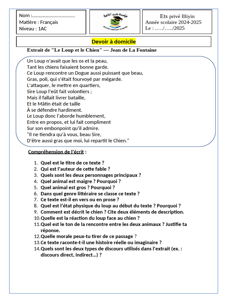 Devoirs 1 Ac Deuxieme Semestre | PDF | Chiens