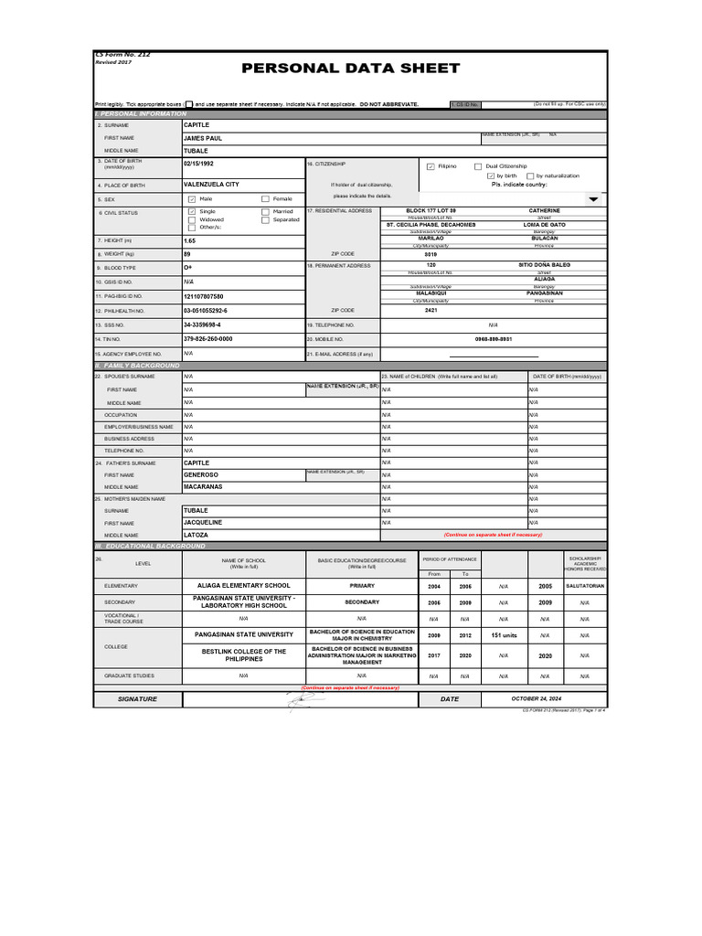 CS Form No. 212 Personal Data Sheet Revised | PDF