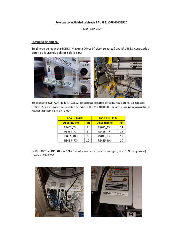 Pruebas Conectividad Cableada RRU3832-DPU40-DBU20 + PIN OUT | PDF | Tecnología de información y ...